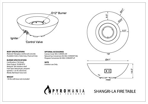 Pyromania Shangri-La Outdoor Concrete Fire Pit Bowl, 41 Inches Round - Natural Gas Model in Charcoal Gray Color