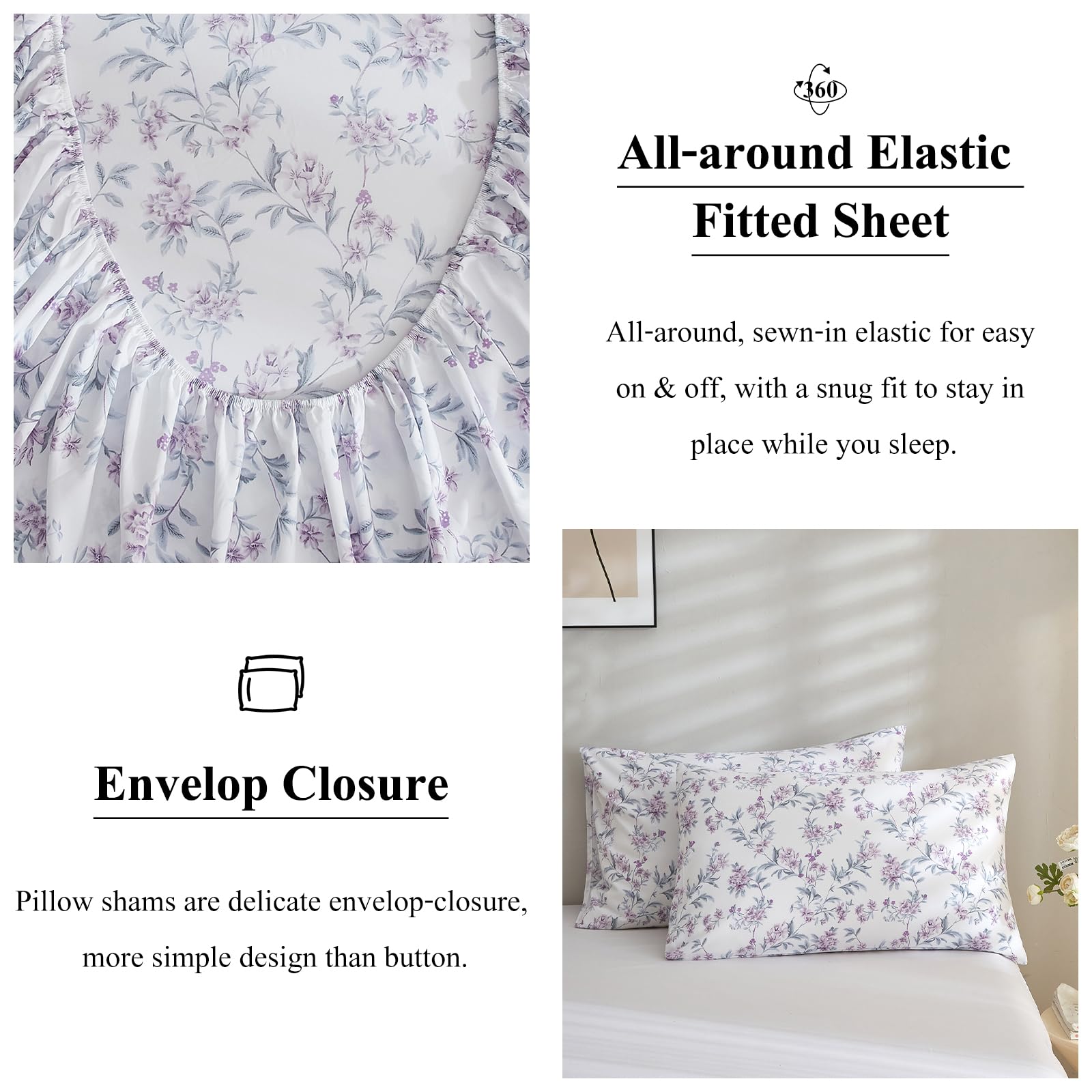 VClife Modern Girl Floral Printed Sheets Cooling Soft Washed Microfiber Pink Green Floral Branches King Size Bed Sheets 16" Extra Deep Pocket Design Bedding Sets - Shrink Resistant, Skin-Friendly