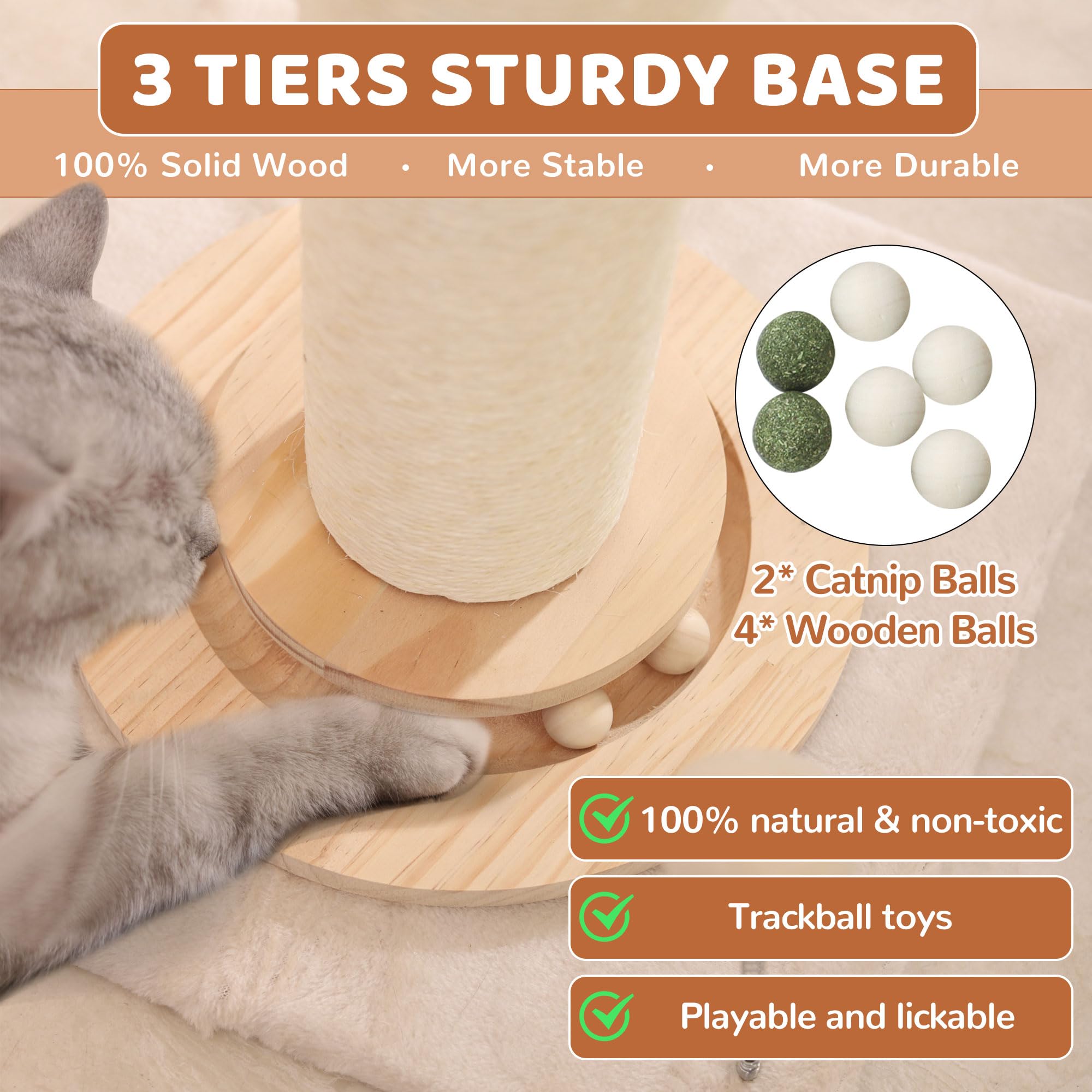 OTOB 33" Tall Cat Scratching Post, 4.3Inch Large Diameter Natural Sisal Rope Scratcher Post, 5-in-1 Interactive Turntable Cat Scratch Post with Soft Hanging Ball Toys for Indoor Large Cats