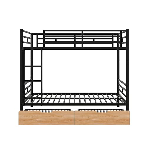 SIYSNKSI Full Size Convertible Bunk Bed with 2 Drawers, Metal Bunk Bed Frame with Ladder and Safety Guardrail for Kids Teens Boys Girls Bedroom, No Box Spring Needed