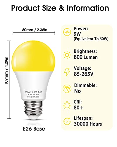 Yellow LED Bug Light Bulbs Outside, A19 LED Yellow Bug Bulb Outdoor 60W Equivalent, 9W Yellow Amber Bug Lights E26 Base Porch Lights, Non-Dimmable LED Lighting for Home, Patio, Deck, Backyard, 4 Pack