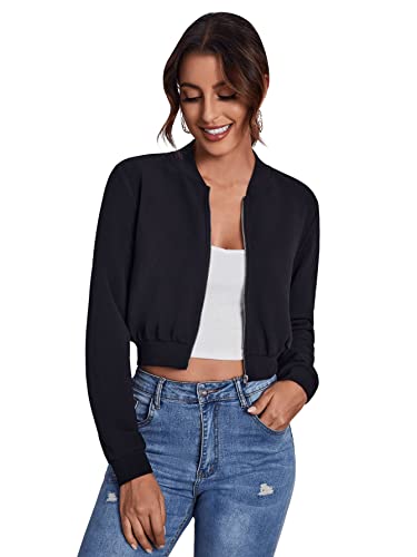 SweatyRocks Women's Casual Long Sleeve Solid Zip Up Coat Crop Bomber Jacket Black M