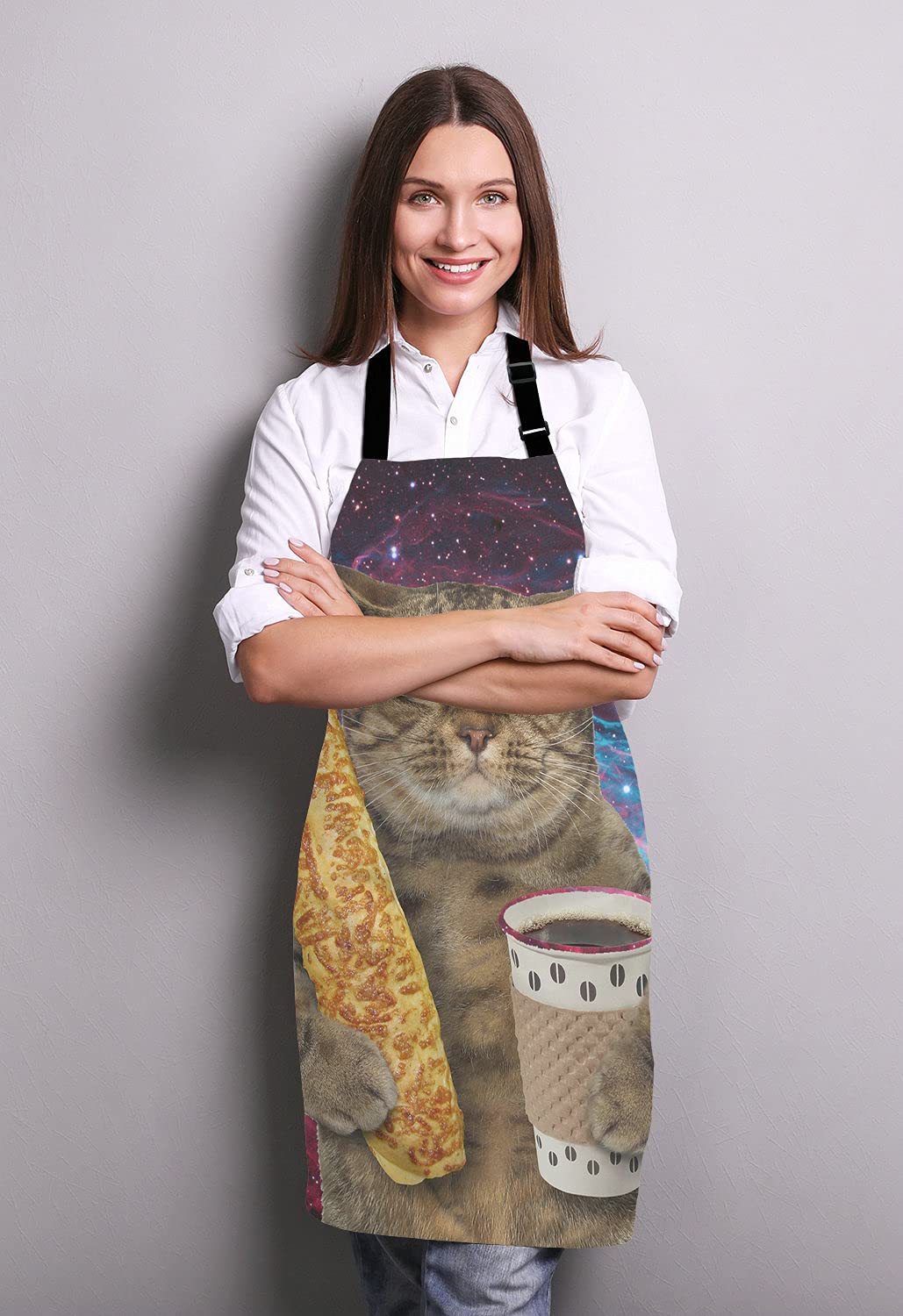 Lefolen Funny Galaxy Cat Adjustable Bib Apron, The cat is holding a cup of black coffee and a baguette Cooking Kitchen Apron for Men Women