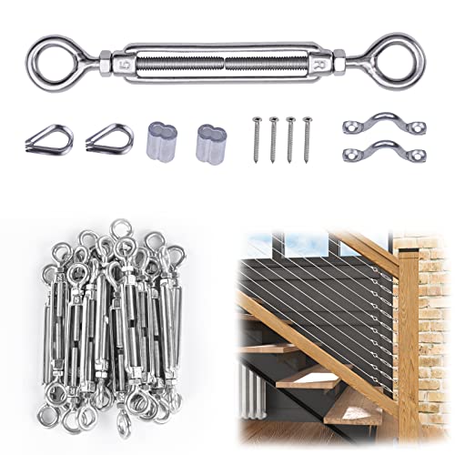 Muzata 20Set 1/8" Cable Railing Kit Hardware Heavy Duty Turnbuckle M5 Eye to Eye for Wood Post Wire Rope Stainless Steel Angle Adjustable WoodLoft System Deck Stair 20 Cable Lines CK01,CA4 CA5