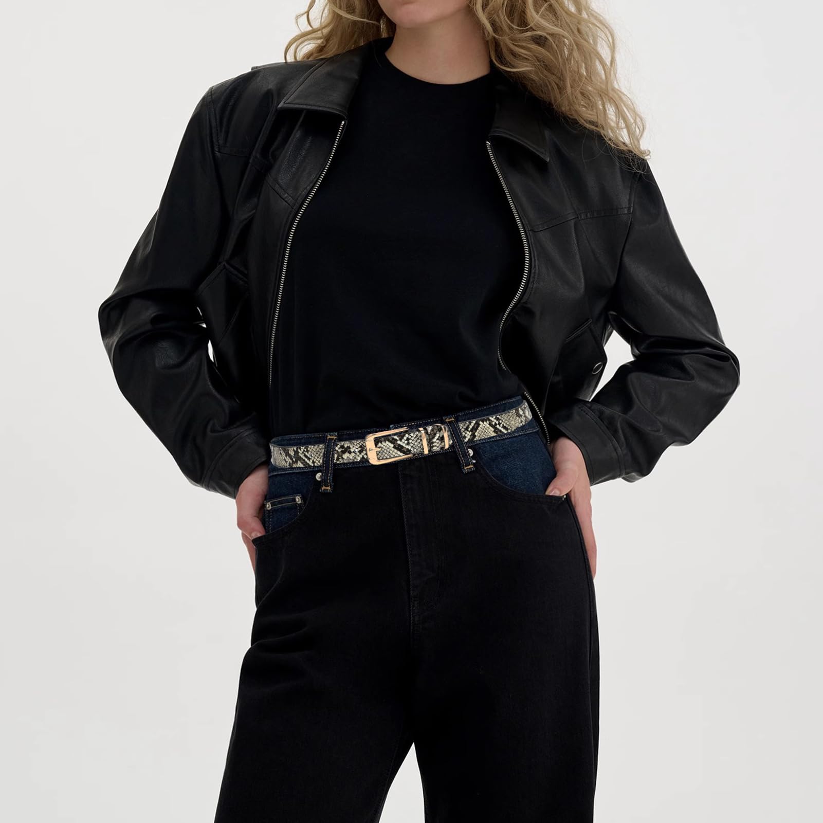 IFENDEI Women Waist Belts for Dresses Thin Black Skinny Leather Belts with Gold Pin Buckle Snake X-Small