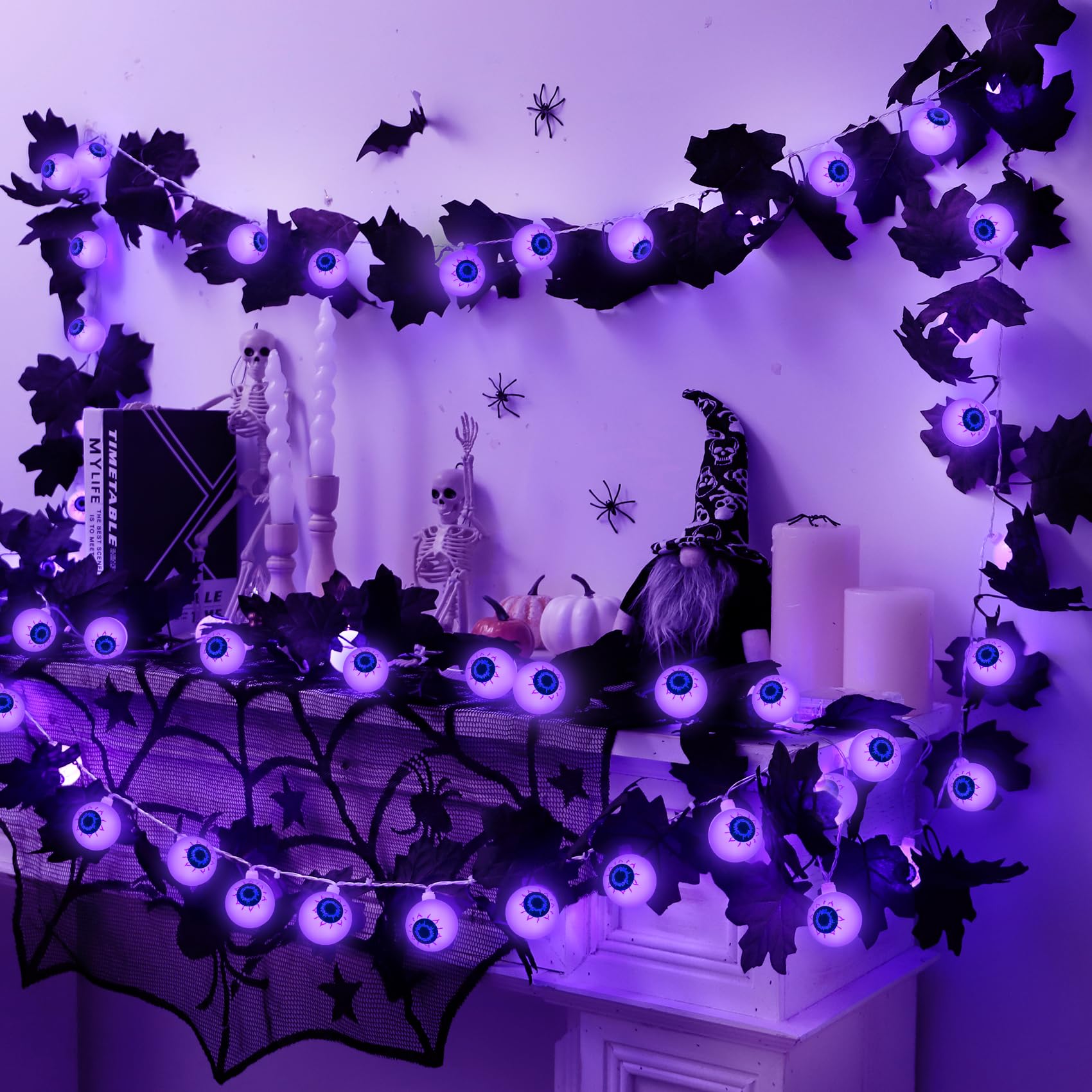 Ouddy Decor 2 Pack Lighted Halloween Garland, Total 20 FT 60 LED Black Maple Leaves Garland with Eyeballs Lights Waterproof Timer Battery Operated for Indoor Outdoor Home Halloween Decorations, Purple