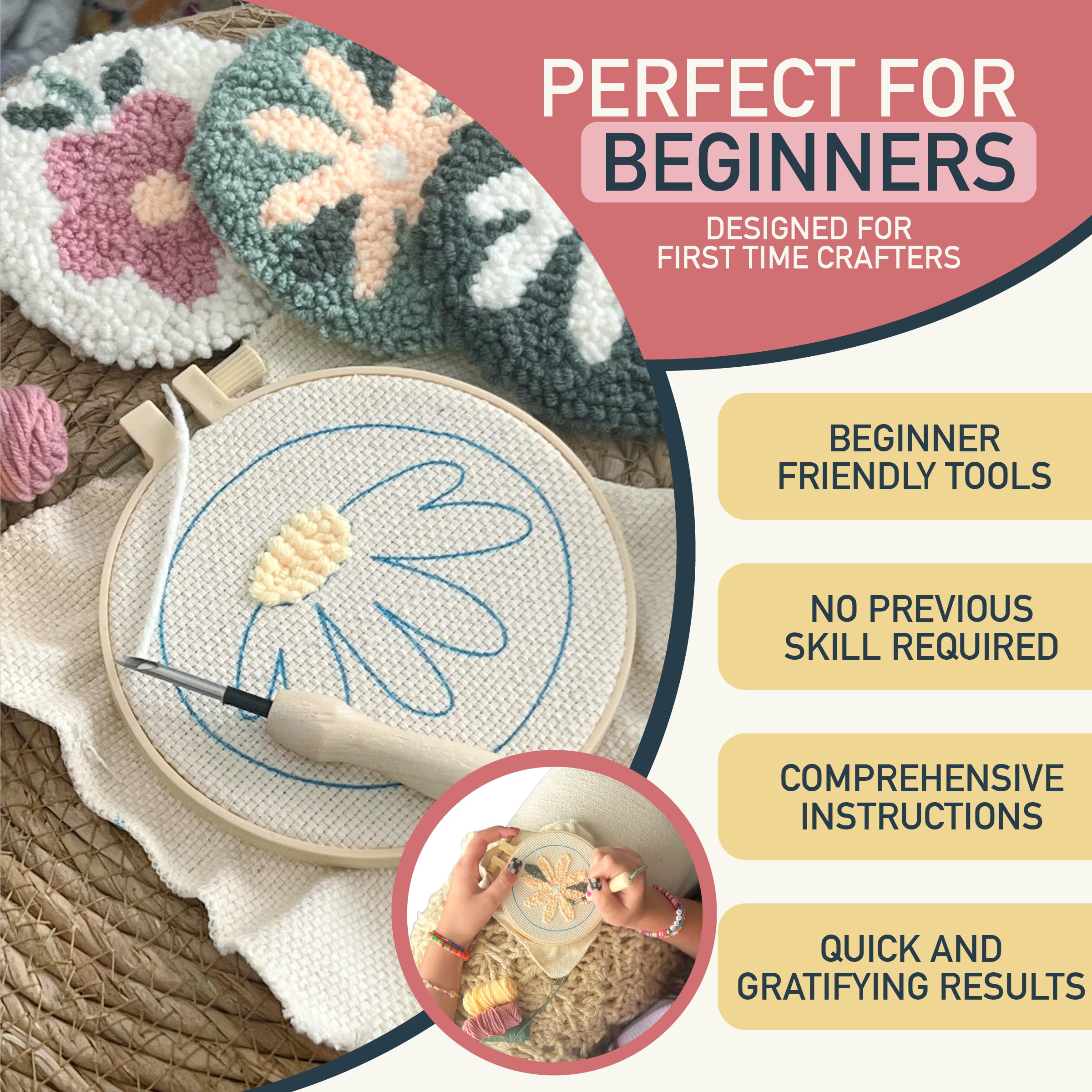 Punch Needle Kit β 6 Floral Design Punch Needle Embroidery Kit w/Monk Cloth, Embroidery Hoop, Yarn & More - Essential Punch Needle Supplies for Crafters - Ideal Punch Art for Beginners