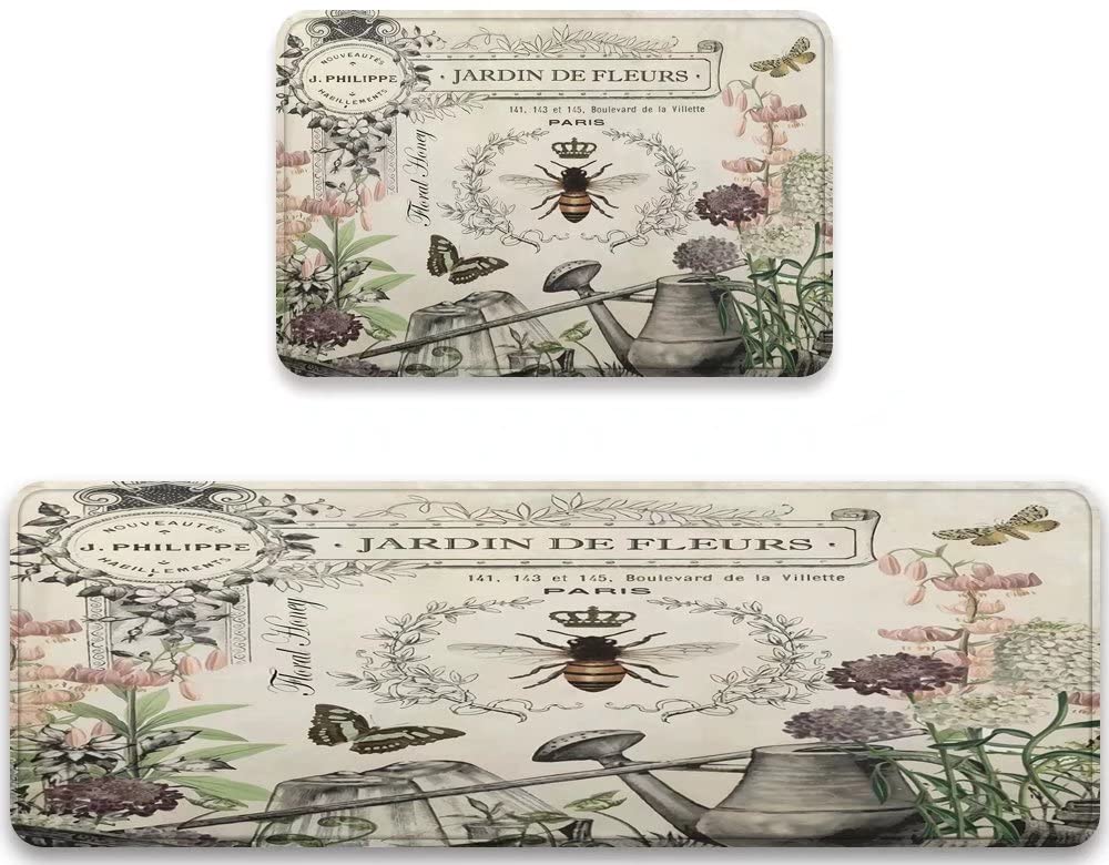 Kitchen Rug Sets 2 Pieces Modern French Bee Garden Vintage Queen Floral Watering Can Comfort Mat Cushioned Floor Mats Washable Doormat Anti Fatigue Non-Slip Kitchen Runner Rugs Bedroom Area Carpet