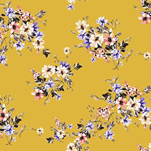 Texco Inc Medium Flowers Pattern Printed Poly Rayon Spandex French Terry DIY Stretch Fabric, Spicy Mustard Blue Irish 10 Yards