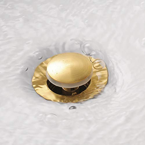 Rainovo Sink Drain Stopper Bathroom, Pop-Up Drain Stainless Steel With Overflow Anti-Clogging for Vessel Sink Lavatory Vanity Sink Drain with Strainer Basket, Brushed Gold