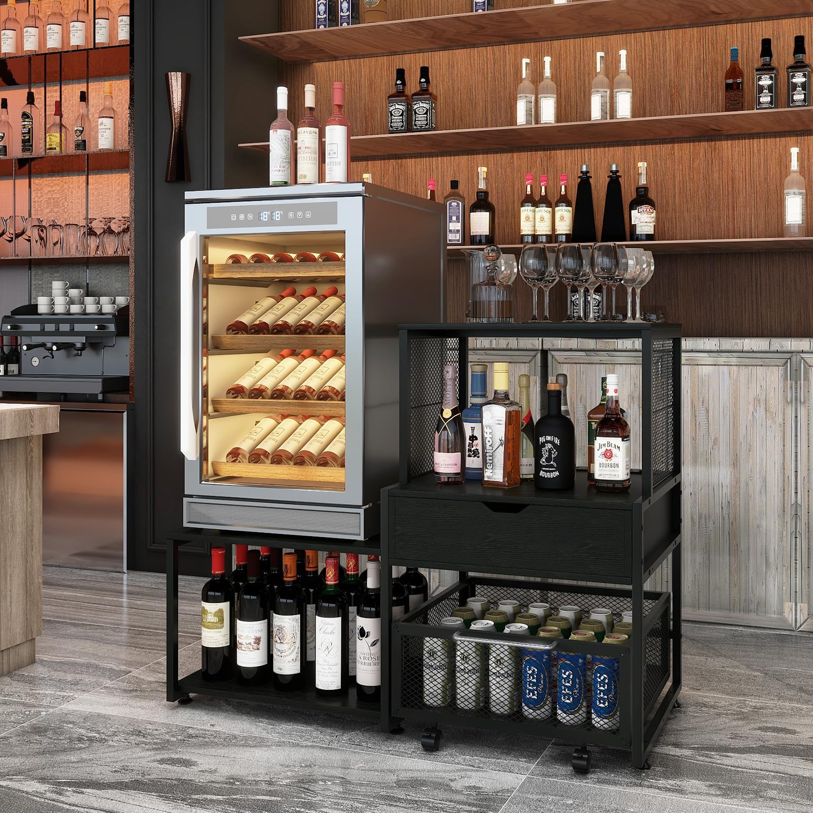 PUNCIA Mini Fridge Stand with Storage Coffee Bar Cabinet with Power Outlet Beverage Wine Refrigerator Table Microwave Oven Stand Rack with Large Capacity Drawer and Basket for Home Office Dorm