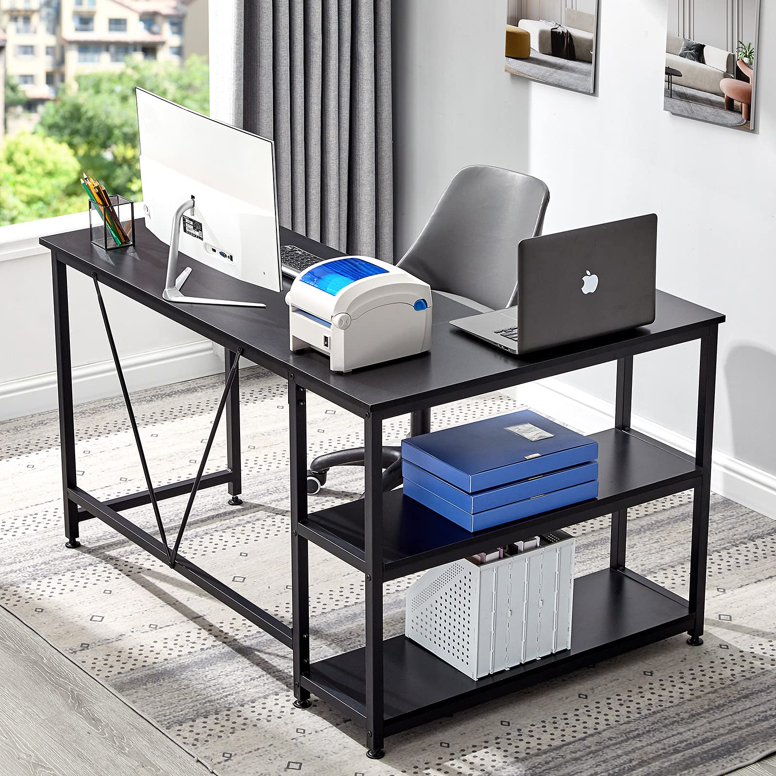 GreenForest Large L Shaped Gaming Desk 55x39.4 inch Reversible Corner Computer Desk with Storage Shelves for Home Office PC Workstation Laptop Table, Black