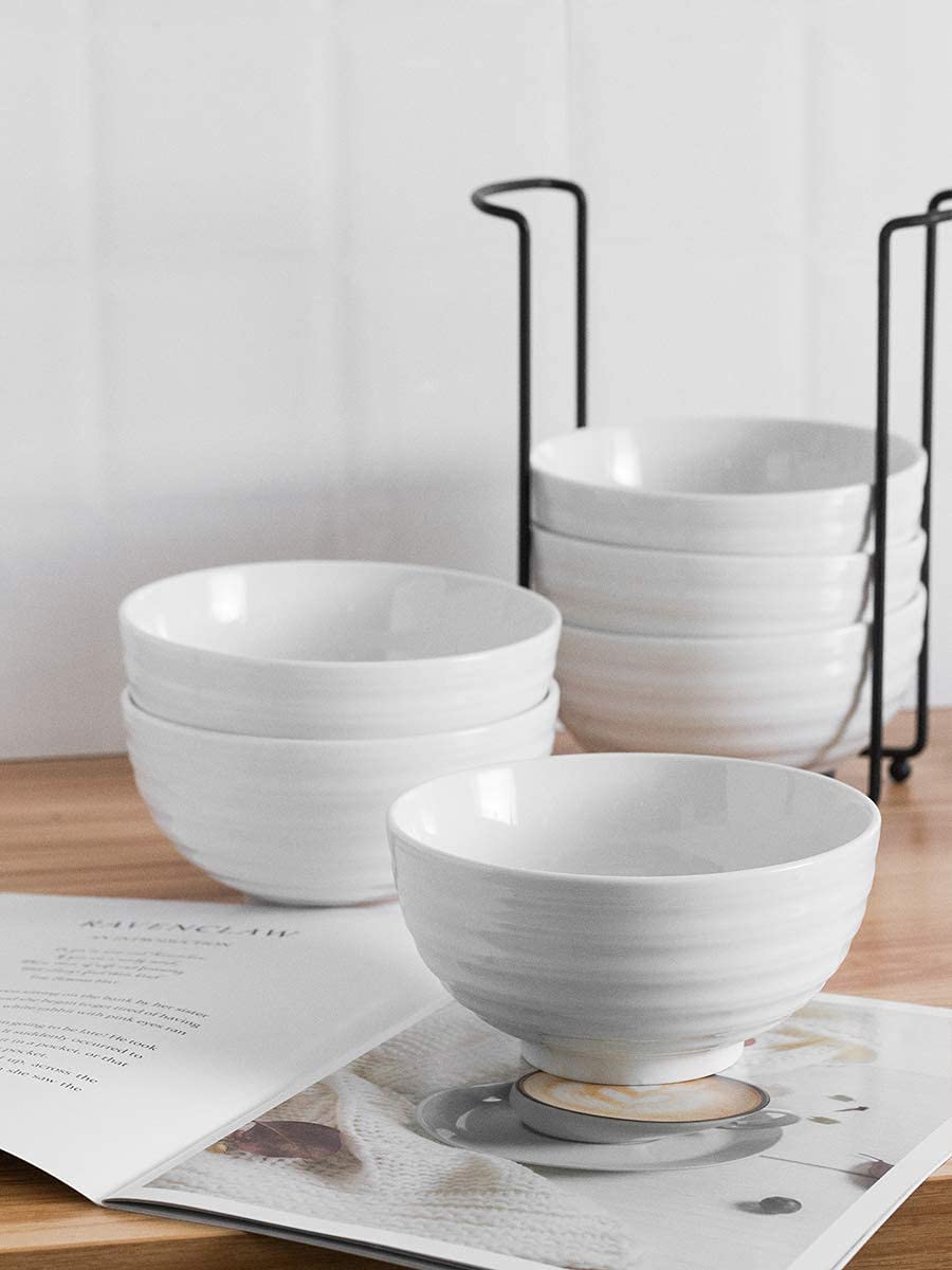 LAUCHUH Stackabel Bowl Set Porcelain Soup Bowls 28 Ounces Cereal Bowl Set with Serving Stand Large Bowl Porcelain Cereal Soup Salad with Bowl Organizer, 6 pack