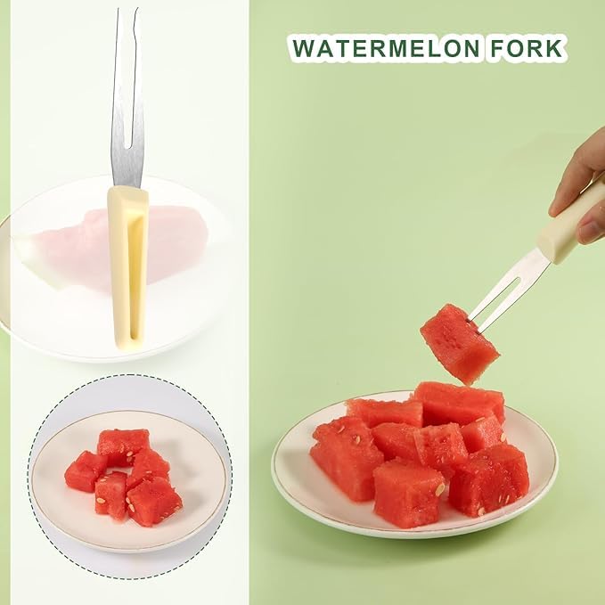 TROKKA 3-in-1 Watermelon Fork Slicer Cutter,Stainless Steel Watermelon Popsicle Cutter Watermelon Cutter Slicer Tool Melon Cutter Knife Portability Fruit Fork for Camping Kitchen Gadgets (Beige)