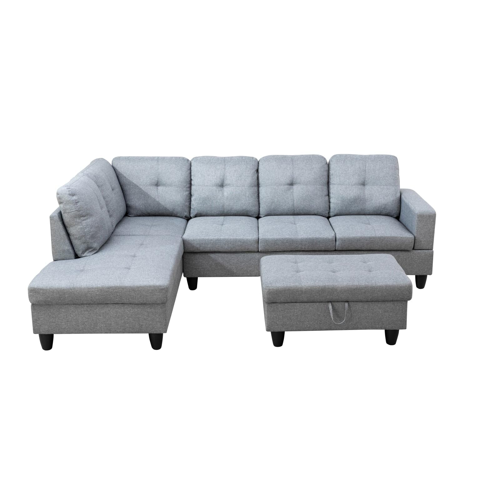 TABBC 103 Inch Modern L Shaped Sectional Sofa Set with Storage Ottoman, Left Facing Chaise Longue, Reversible Backrest w/ 2 Cup Holders, Linen Tufted Cushions, for Living Room, Grey