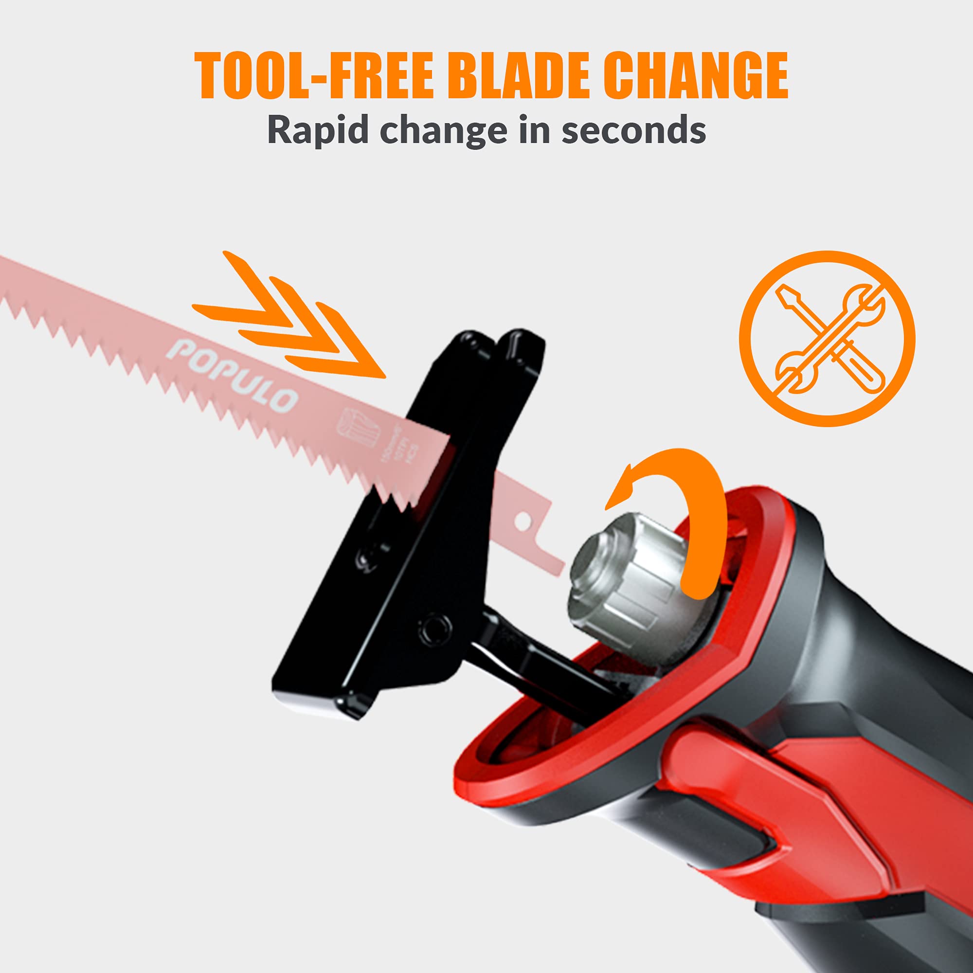 POPULO Cordless Reciprocating Saw, 20V MAX Battery Power Saw, Electric Reciprocating Saws for Wood, Trees, Metal, or PVC Pipe Cutting, Cordless Saw with 2.0Ah Battery, and Fast Charger
