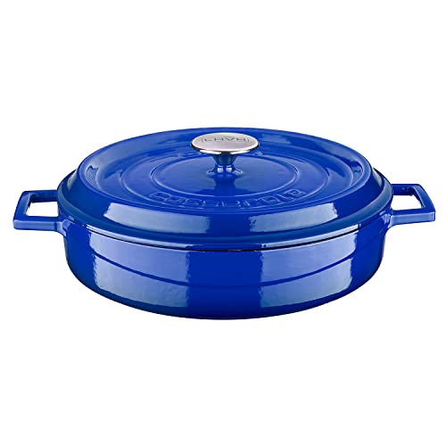LAVA 3.7 Quart Enameled Cast Iron Braiser: Multipurpose Stylish Blue Round Dutch Oven Pot with Glossy Sand-Colored Three Layers of Enamel Coated Interior and Trendy Lid
