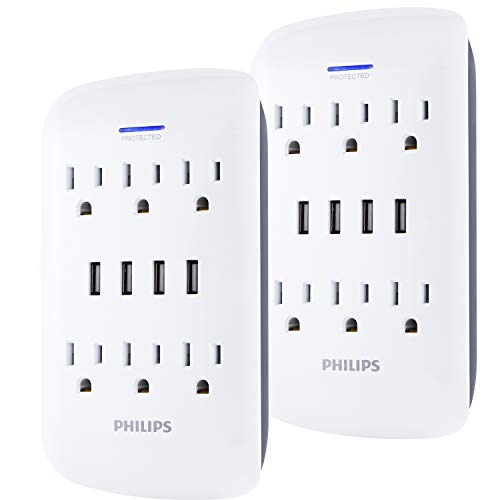 Philips 6-Outlet Extender with 4-USB Port Surge Protector, 2 Pack, Charging Station, 900 Joules, Grounded Power Adapter, Indicator Light, 3-Prong, 4.2 AMP/21 Watt, ETL Listed, White, SPP6469WG/37