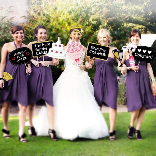 Wedding Photo Booth Props Kit, Konsait Bridal Shower Photo Booth Prop with Wooden Dowels for Wedding Shower Party Supplies (52 Counts)