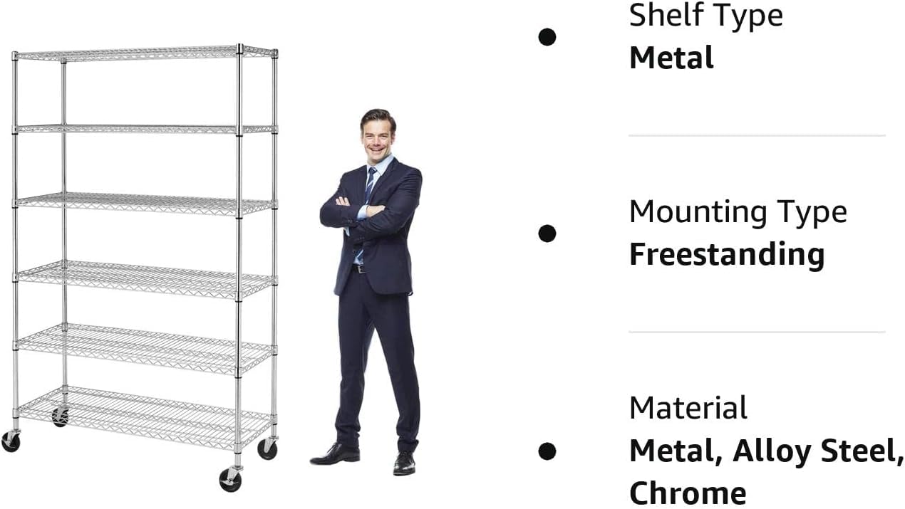 YRLLENSDAN 6000Lbs Capacity Adjustable Storage Shelves Heavy Duty Shelving Unit 6 Tier Metal Shelving with Wheels NSF Wire Shelving (48" W x 18" D x 72" H,Chrome)