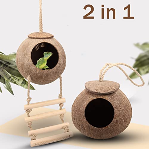 RUNANIA Crested Gecko Tank Accessories, Reptile Vines and Plants Coco Hut Coconut Shell with Ladder Hideout Cave Habitat Decor for Climbing Lizard Leopard Gecko Tortoise Amphibians Hermit Crab
