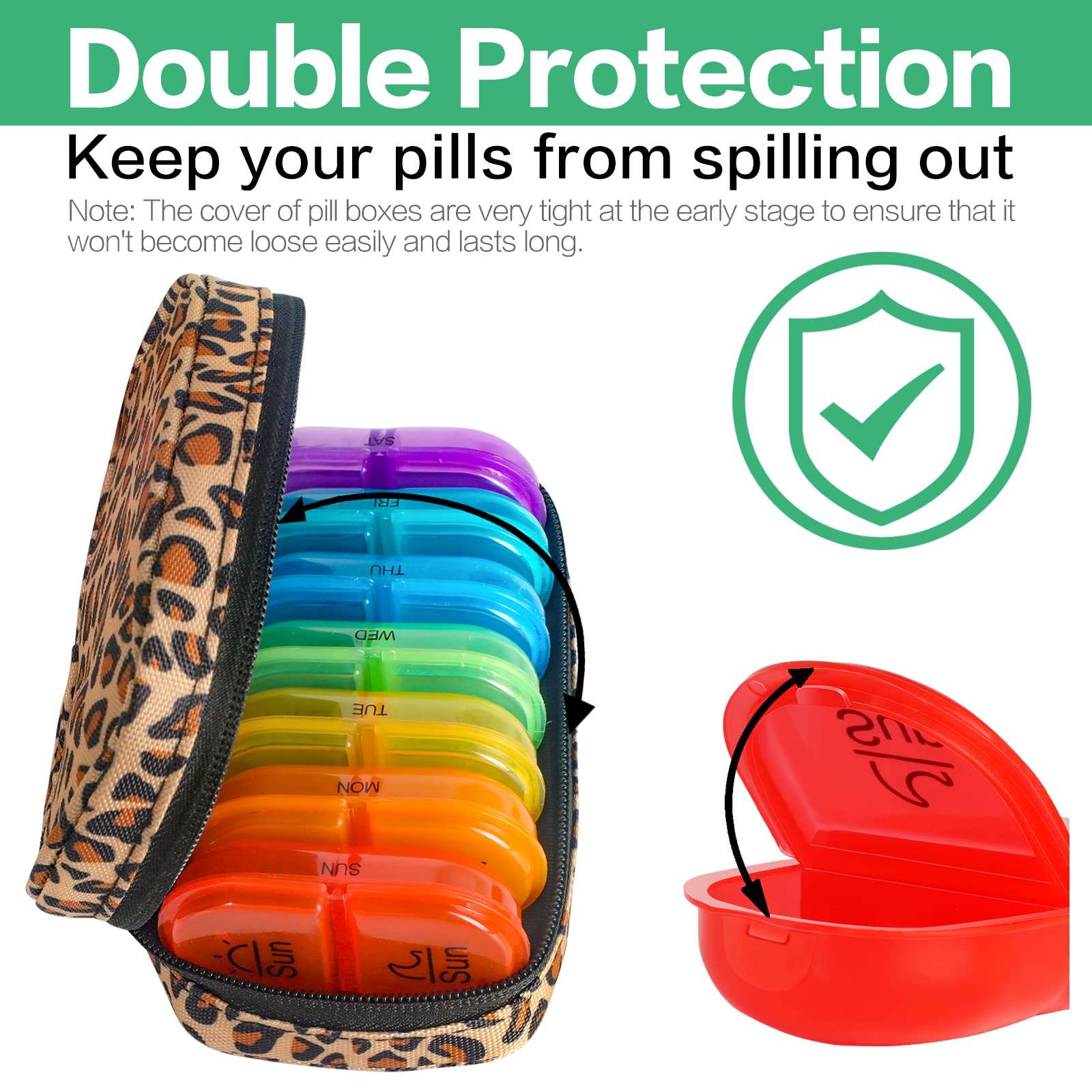 Serfeymi Weekly Travel Pill Organizer 2 Times A Day AM PM Rainbow Pill Box 7 Day with Large Portable Zipper Canvas Pill Case, Medicine Organizer for Pills, Vitamins, Supplements, Fish Oils - Brown 01