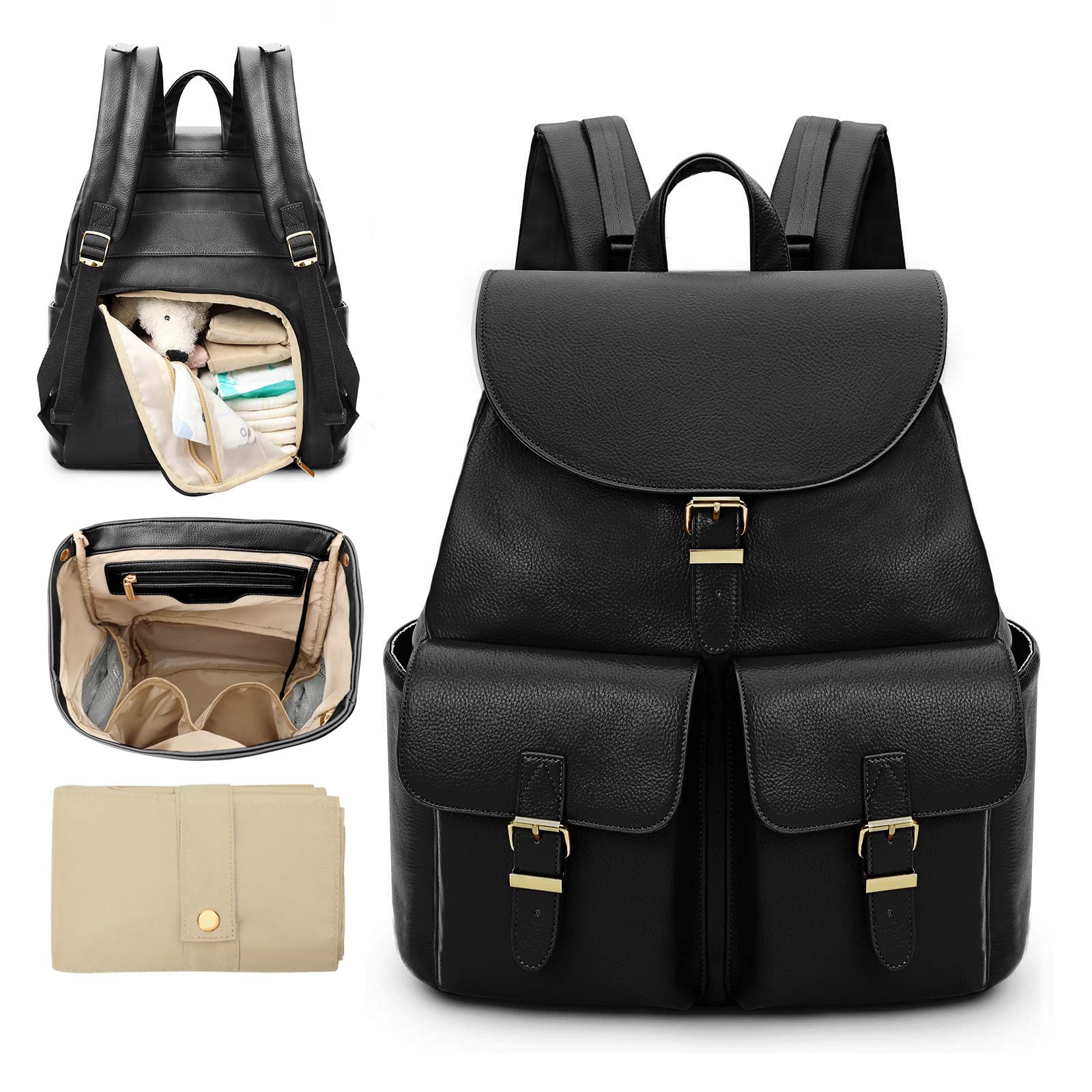 Omanmoli Diaper Bag Backpack Baby Diaper Bag, Leather Diaper Bag, Diaper Bag Organizer with 12 Organizing Pouches,Changing Pad,Shoulder Straps,Stroller Straps(Black)