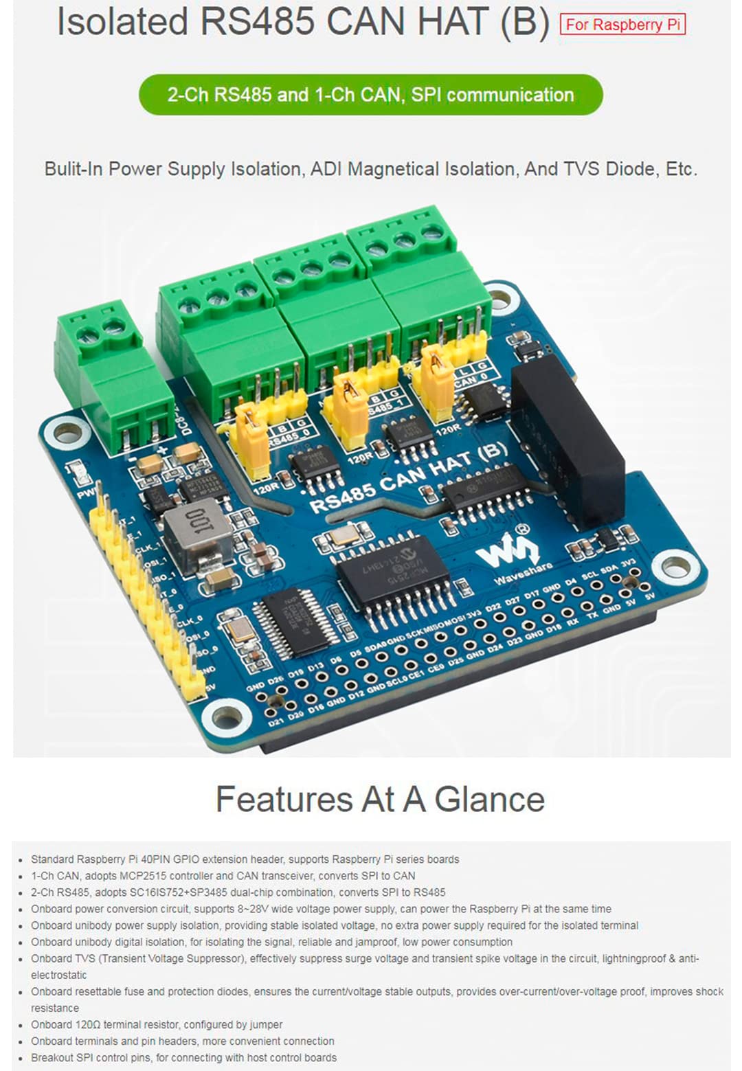 RS485 CAN HAT (B) for Raspberry Pi 4B/3B+/3B/2B/Zero/Zero W/Zero 2W/ Zero 2WH, 2-Ch RS485 and 1-Ch CAN, Industrial Grade Isolation Protection, Bulit-in ADI Magnetical Isolation, TVS Diode, etc