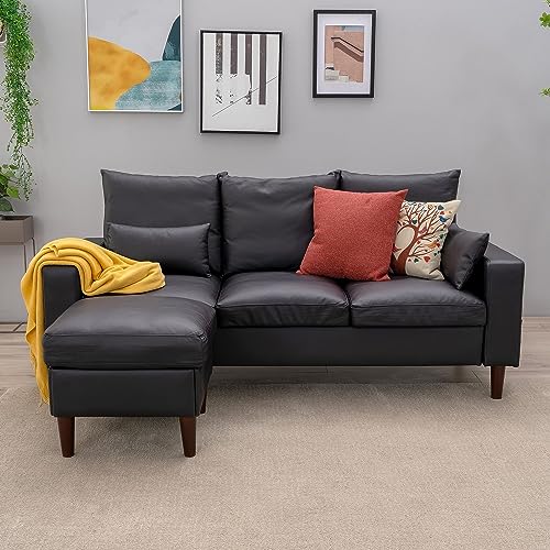 Panana Convertible Sectional Sofa Couch, 3 Seat L-Shaped Couch with Ottoman Set, Modern Balck Leather-Like Fabric Couches for Living Room, Office, Small Space (3 Seater with Ottoman)