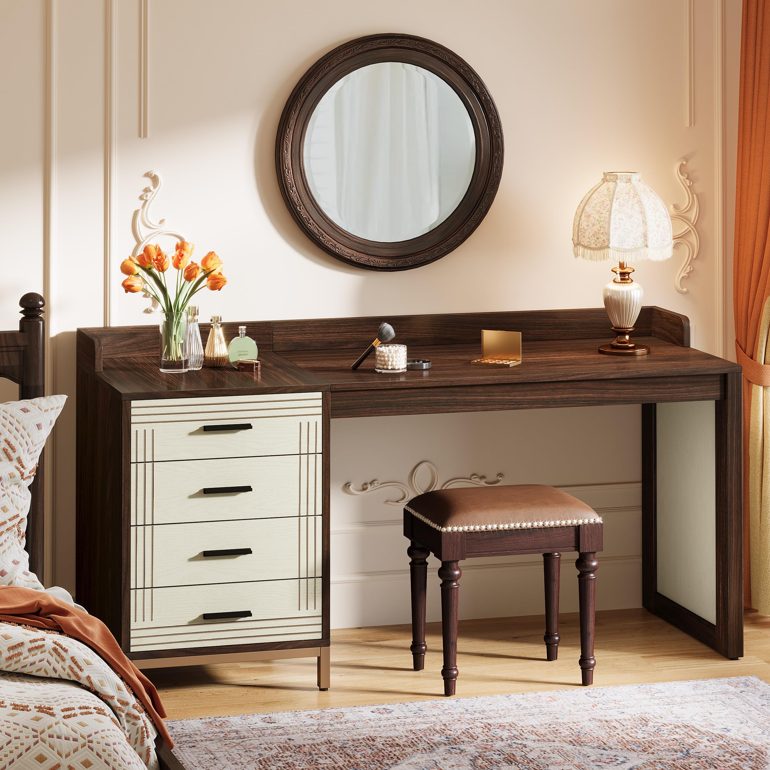 Tribesigns 61-Inch Vanity Desk with 4 Drawers, Mid-Century Modern Makeup Vanity Table, Wood Dressing Table for Bedroom, Brown & Beige (Table Only)