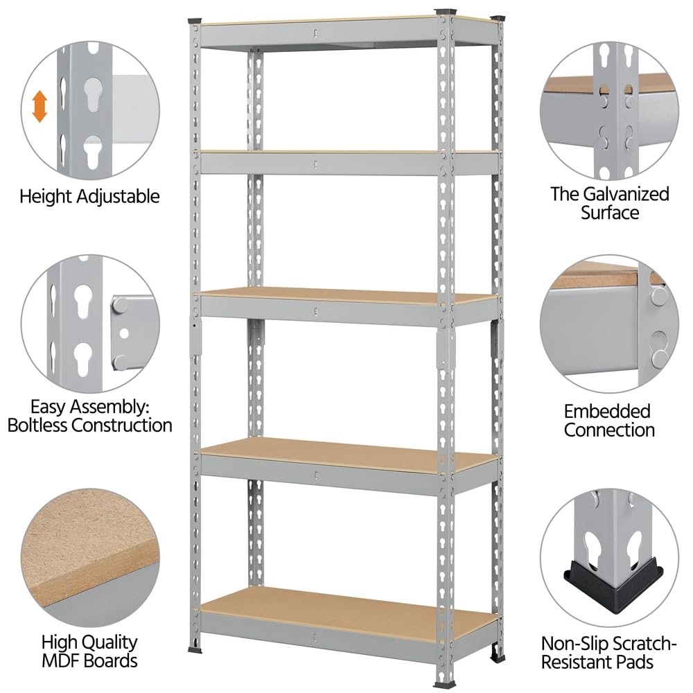TTUDUSDP 4 Pieces of 5 Tiers Boltless Storage Shelf Goods Rack for Home Warehouse, Light Gray