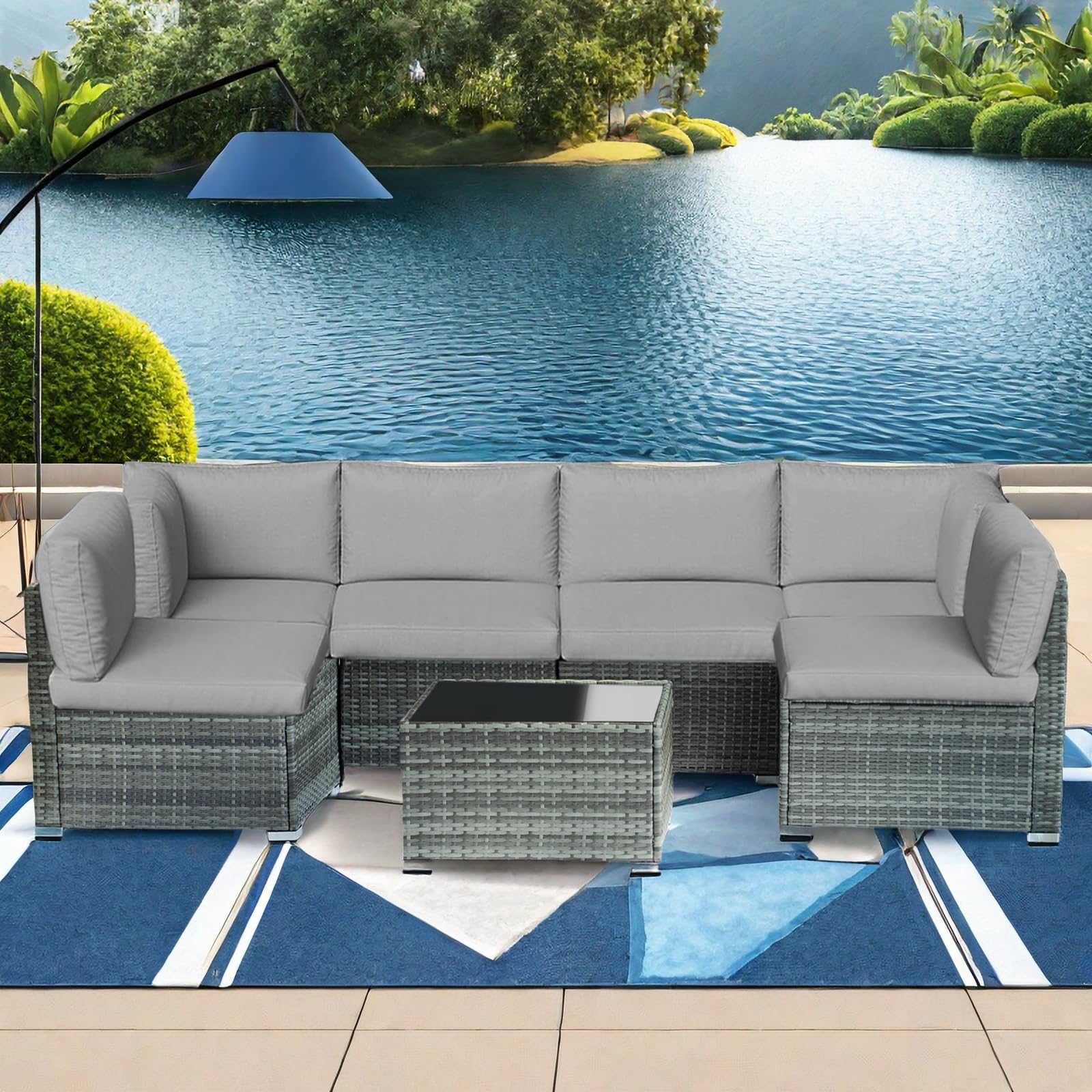 Outdoor 7 Piece PE Wicker Furniture Set, Patio Conversation Set Sectional Rattan Sofa Set with Four Seats, Two Corners and 1Tempered Glass Table (Gray-Gray, 7PS)