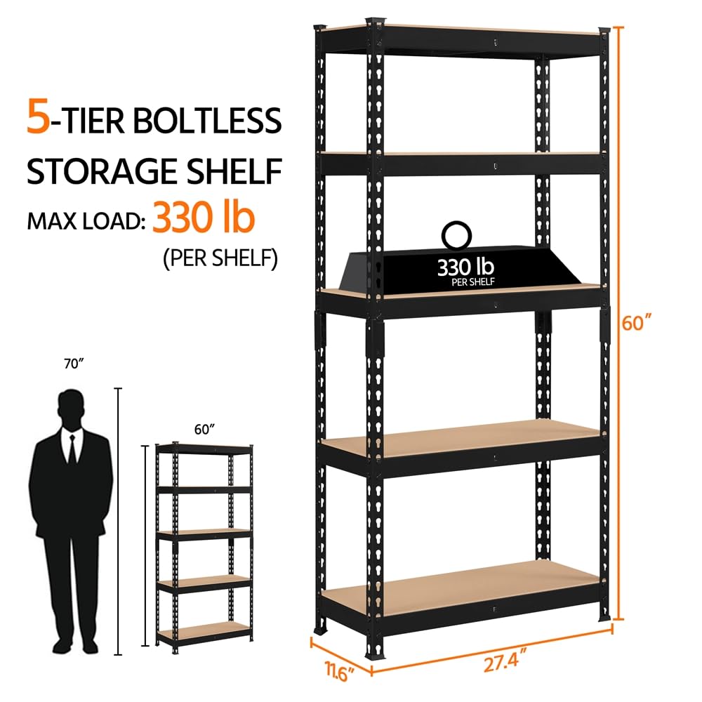 TTUDUSDP 5-Shelf Boltless & Adjustable Steel Storage Shelf Unit, Black, Holds up to 330 lb Per Shelf, 3 Pack