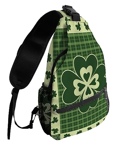 Sling Backpack, St. Patrick's Day Lucky Shamrock Green Check Waterproof Lightweight Small Sling Bag, Travel Chest Bag Crossbody Shoulder Bag Hiking Daypack for Women Men