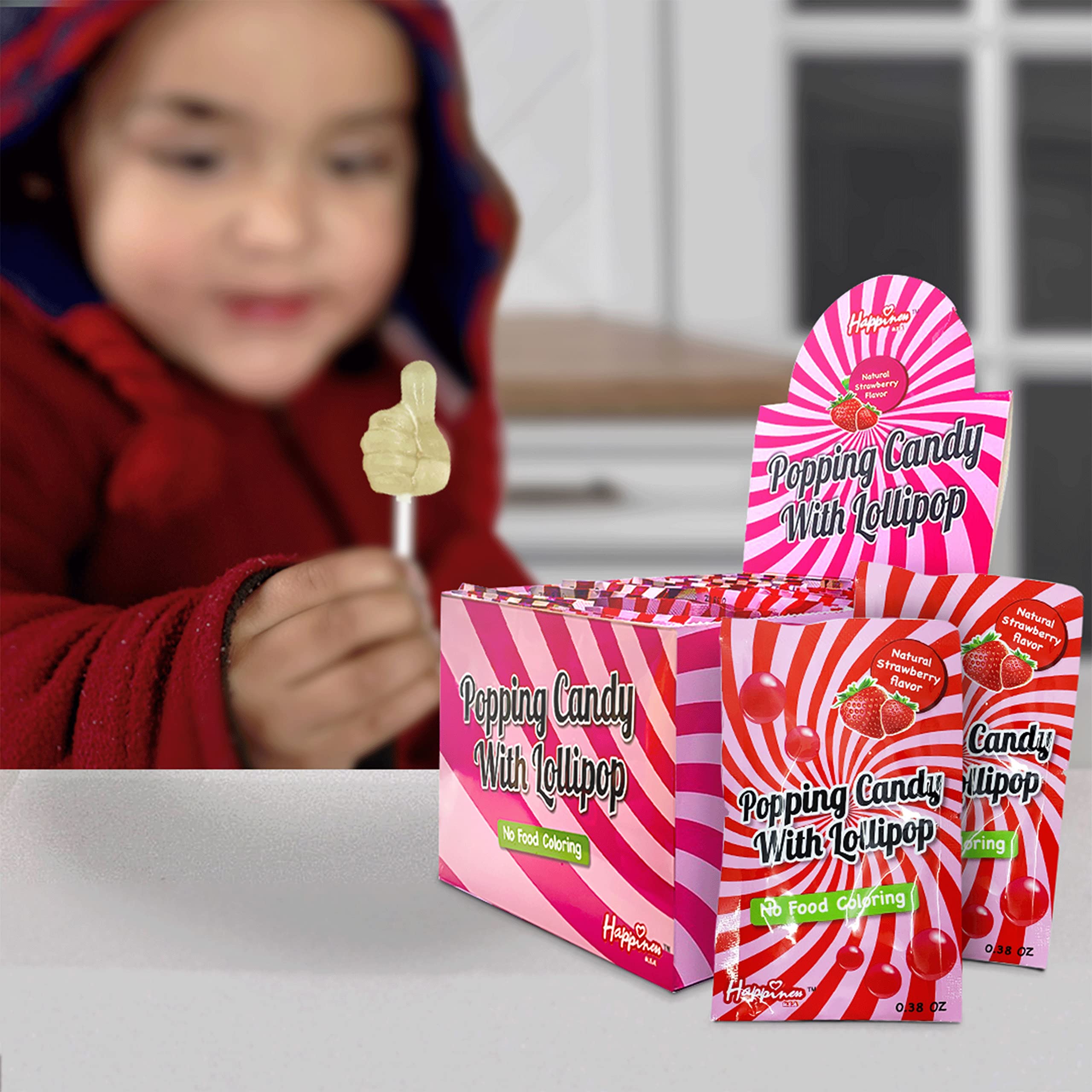 Happiness USA 50 PCS Popping Candy with Fun Dip Lollipop - All Natural No Artificial Colors or Flavors Pop Rocks Candy | Individually Wrapped Kosher Pareve Candy Pop | Non Dairy Pop Rocks Strawberry