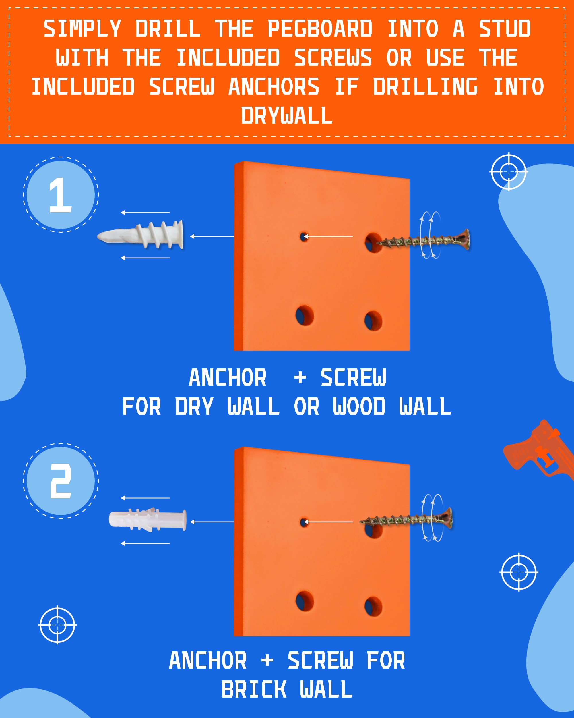 Skywin Peg Board for Nerf Gun Storage Organizer - Hanging Holder Compatible with All Blasters Nerf Gun Rack Organizer for Wall Organization (Orange)