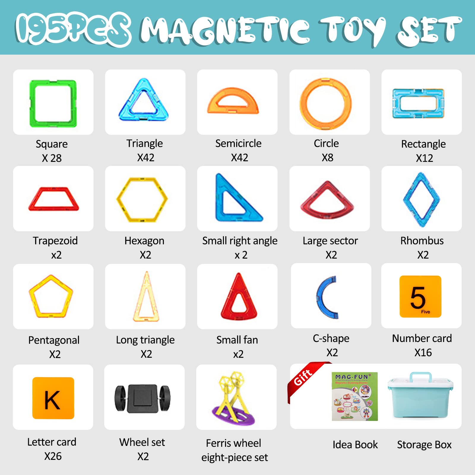 MSVDT Magnetic Tiles Building Blocks Toys for Kids, 195 Pieces 3D Creative Castle Construction Magnetic Stacking Set,STEM Creativity/Educational Toys for Kids Easter Basket Gifts