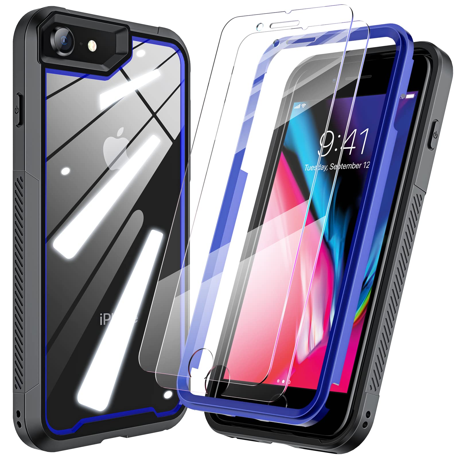 HATOSHI Case for iPhone SE 2022, iPhone SE Case 2020, iPhone 8/7/6 Case with 2 Pack Tempered Glass Screen Protector 4.7-inch, Heavy Duty Protection Clear Shock Absorption Protective Phone Case, Black