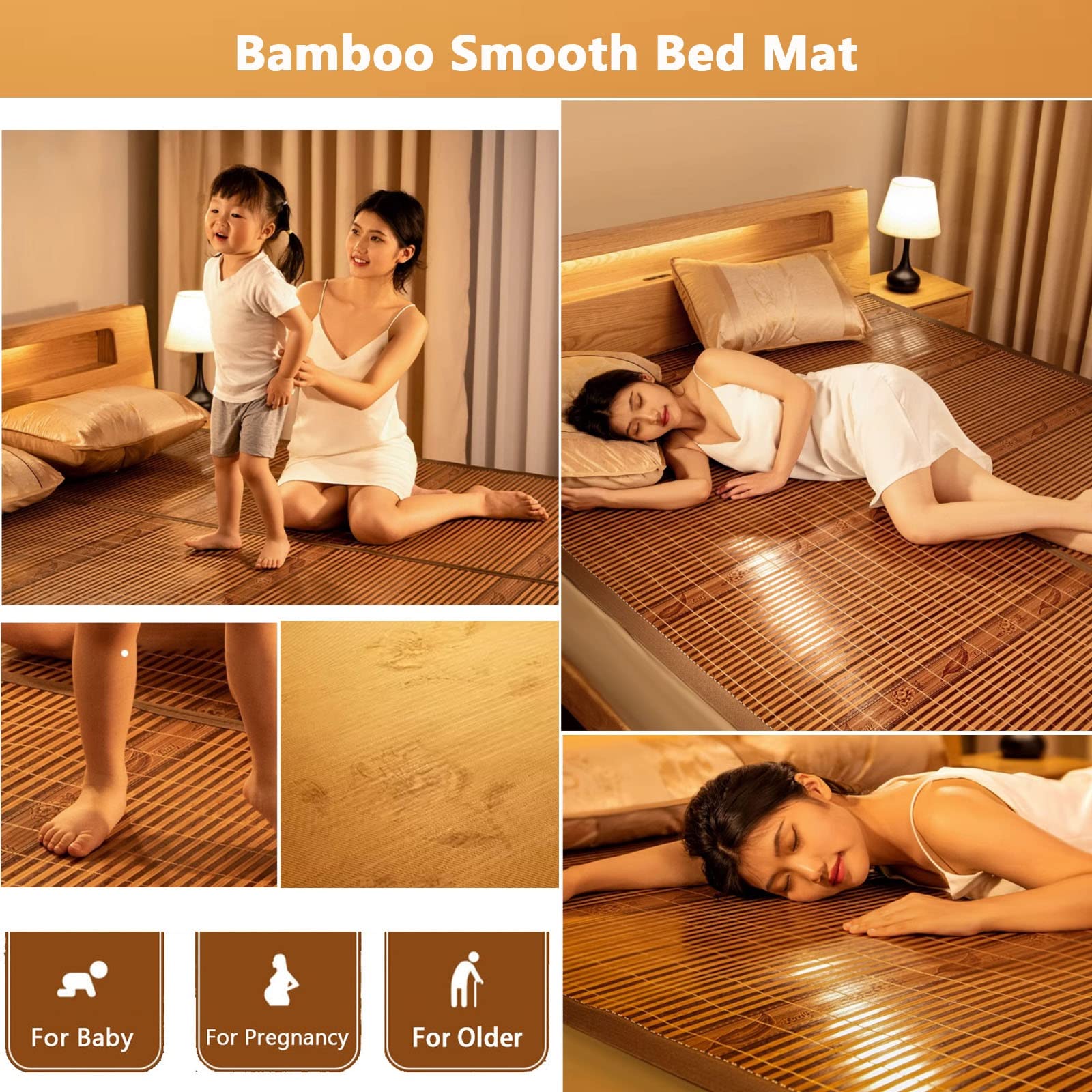 Summer Cooling Bamboo Sleeping Mat, Double-Sided Single/Twin/Queen Folding Mattress Topper Pad,Breathable Smooth Bed Sheet Air Conditioning Mat，Summer Bedding for Home School Dorm(with Pillowcase) (S