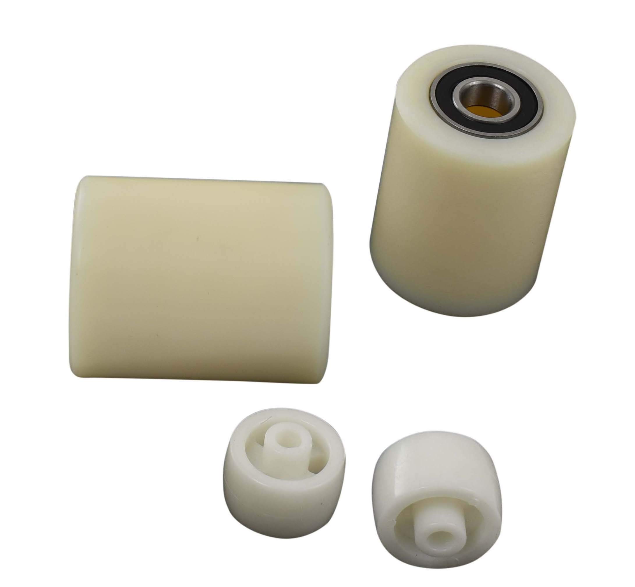 Pallet Jack/Truck Wheels Set (8 pcs) Steer Wheels 7.5" x 2" and Load Wheels 3"x3.75" with Bearings ID 20mm Nylon and Entry/Exit Rollers and Protective Caps