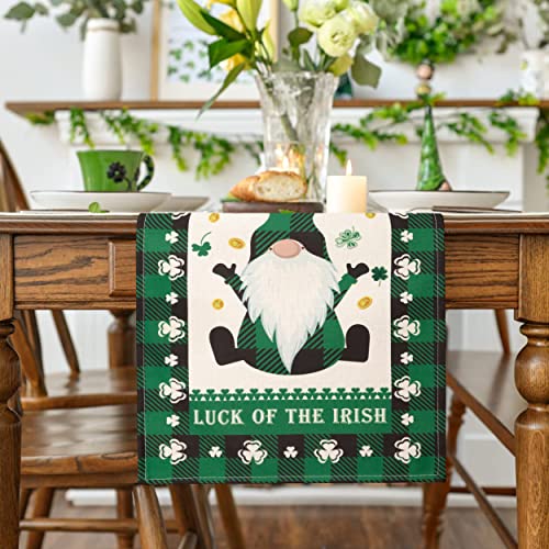 St Patricks Day Table Runner Lucky Clover Shamrocks Table Runners 72 Inches Long, Buffalo Plaid Gnome Burlap Holiday Kitchen Dining Table Decor for Home Party (Gnome Table Runner, 13" x 72")
