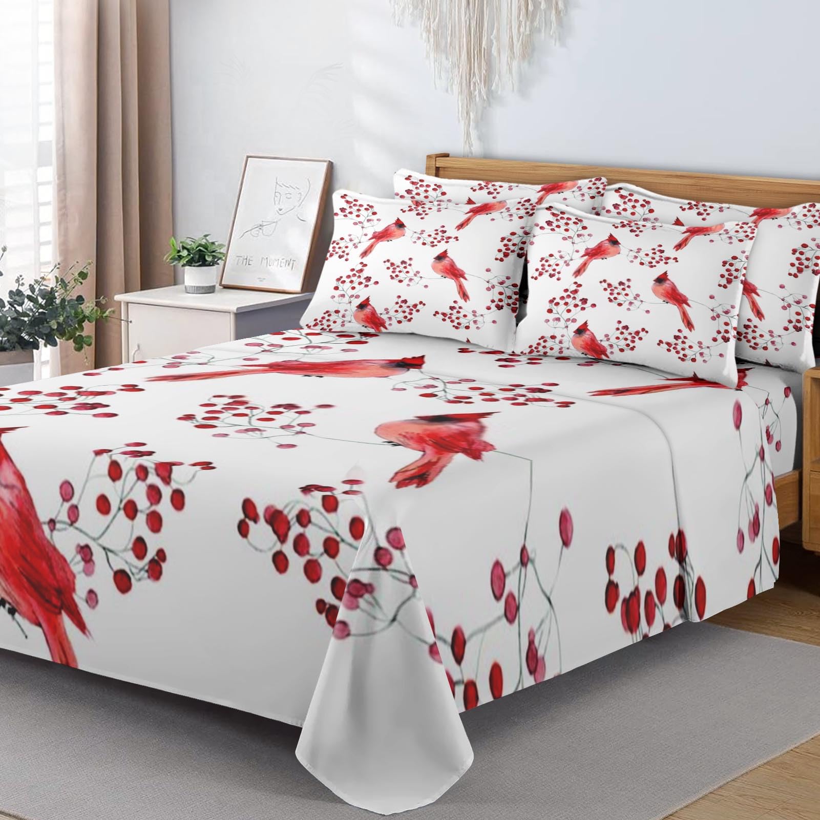 Pinbeam 7 Pcs Comforter Set Queen Size, Cute Winter Cardinal Bed in a Bag with Flat Sheet and Fitted Sheet for Kids and Adults, Birds Christmas Red Bedding Set with Pillowcases & Shams