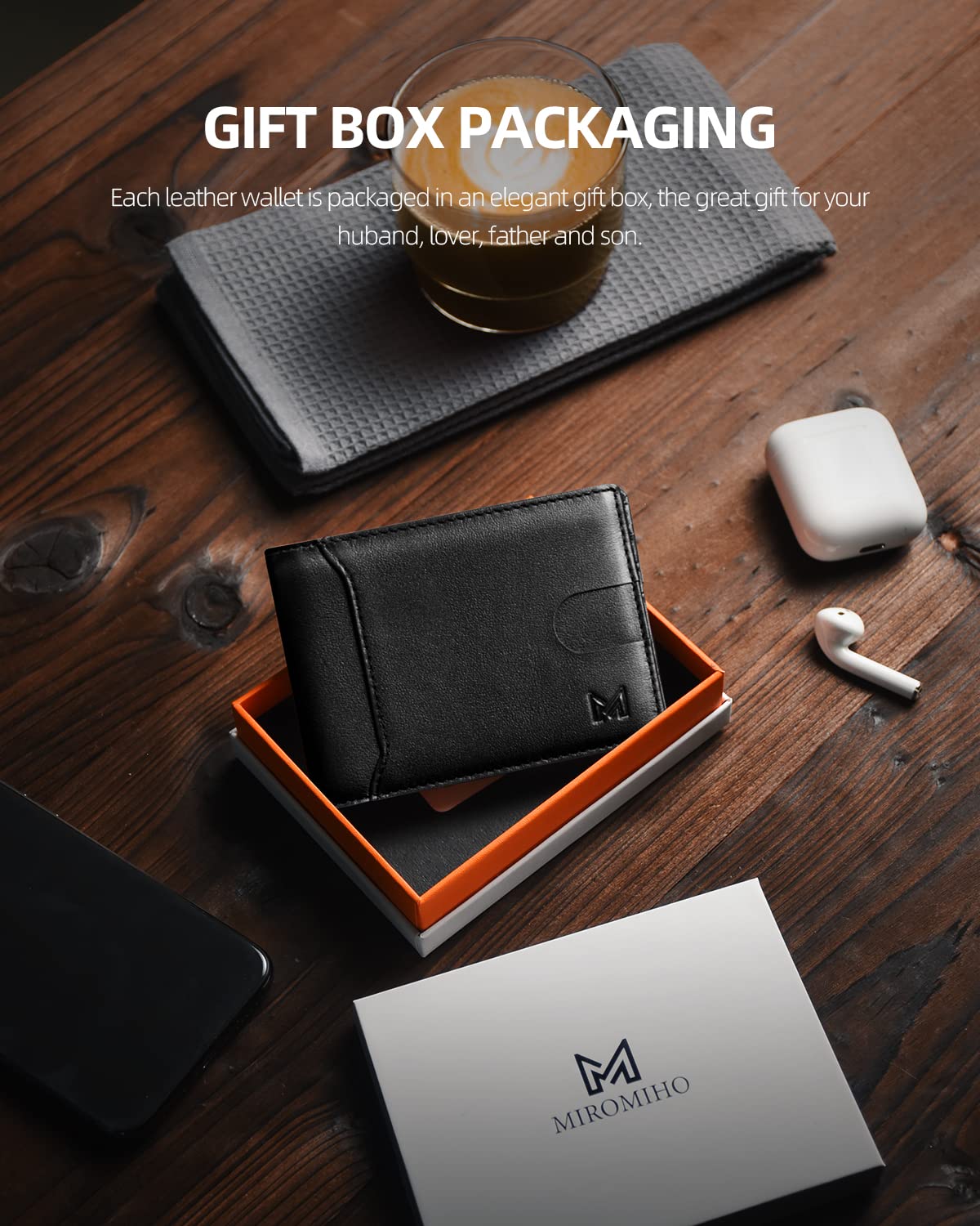 MIROMIHO Genuine Leather Slim Wallet for Men Minimalist Bifold RFID Blocking with Gift Box