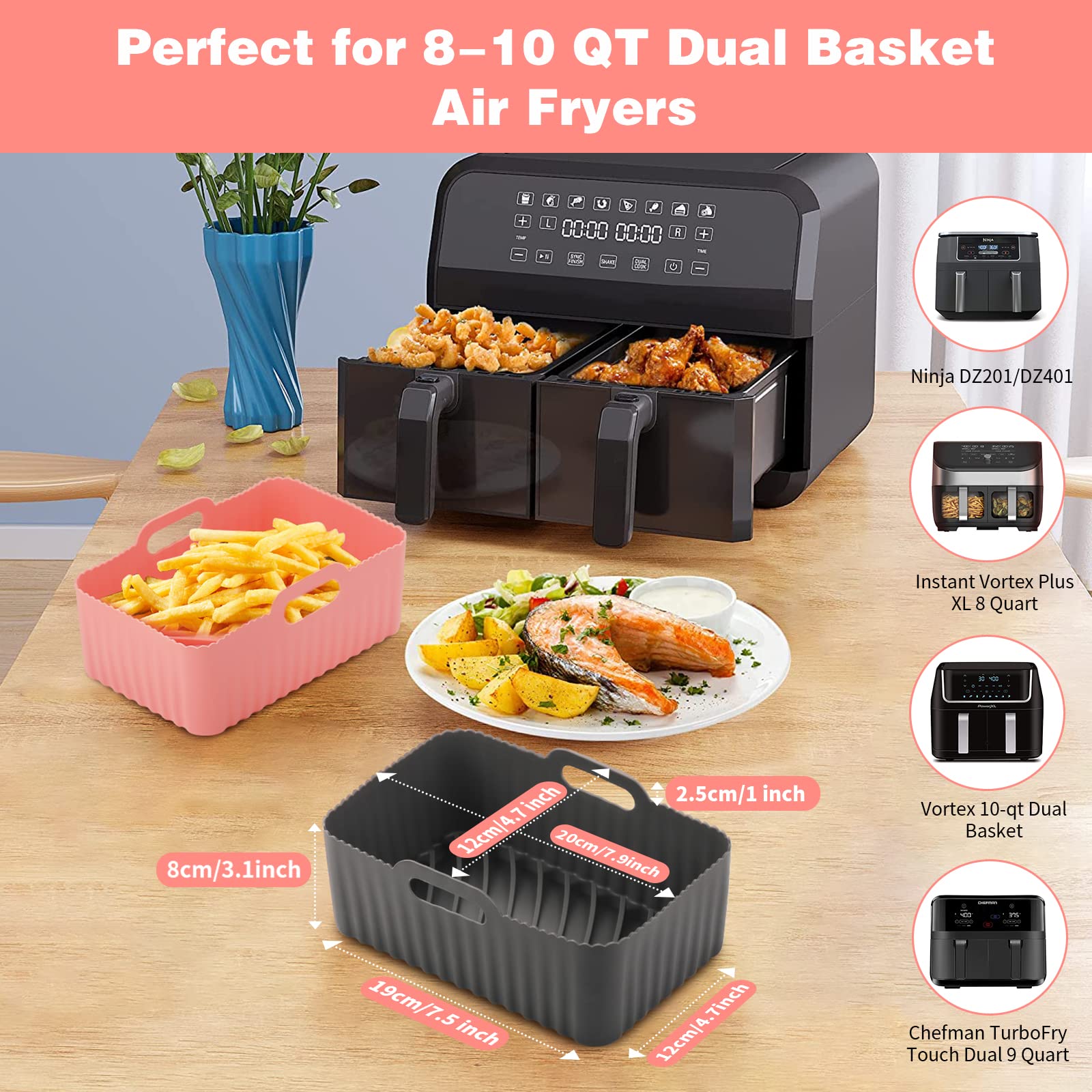 OUTXE 2-Pack Square Silicone Air Fryer Liners 8 inch for 4 to 7 QT, OUTXE 2-Pack Dual Air fryer Silicone Liners for 8 to 10 QT Ninja DZ201/ DZ401