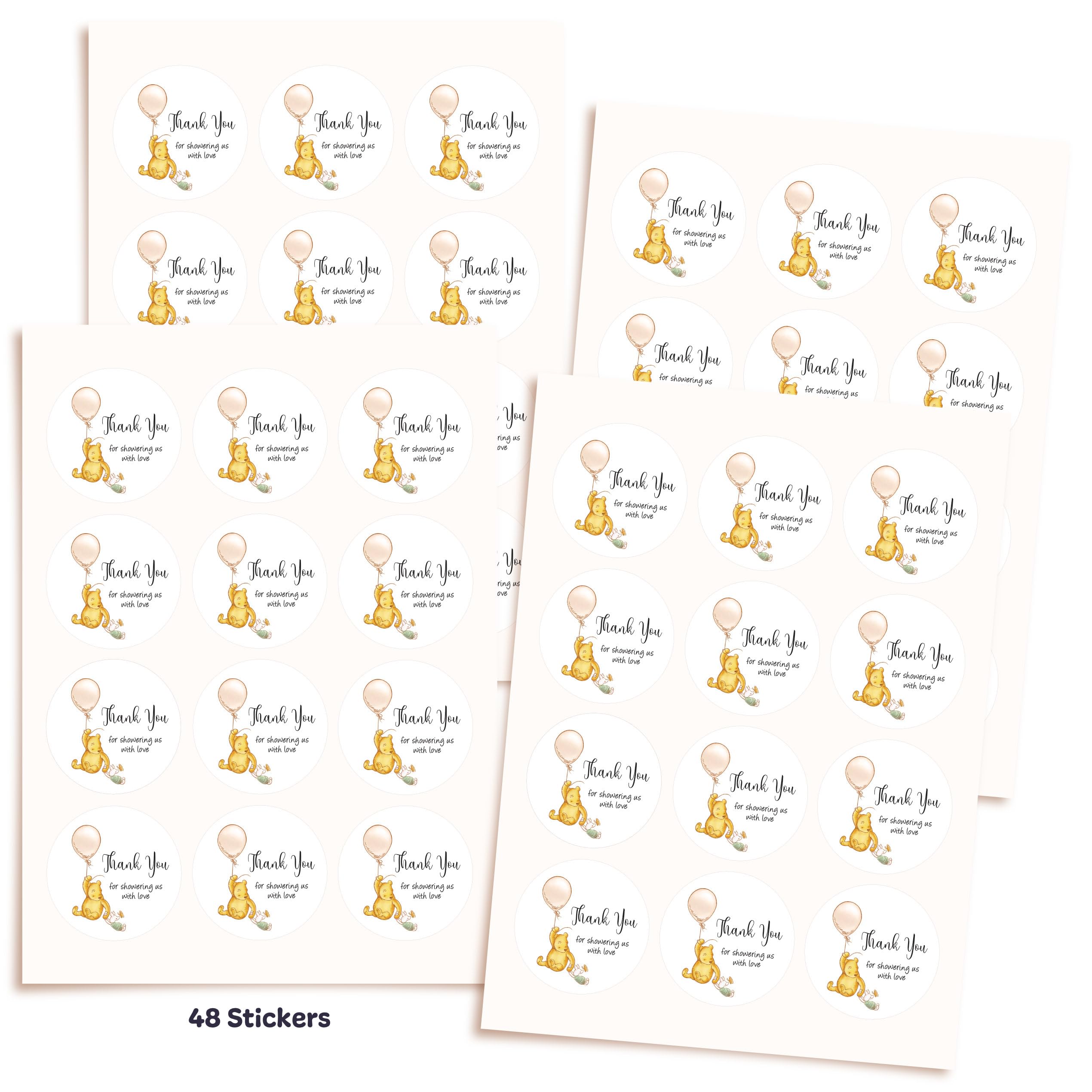WEECUTES® Winnie Thank You Stickers Baby Shower Decorations Honey Jar Gift Label Classic Pooh Birthday Party Decor Supplies (48 Pcs)