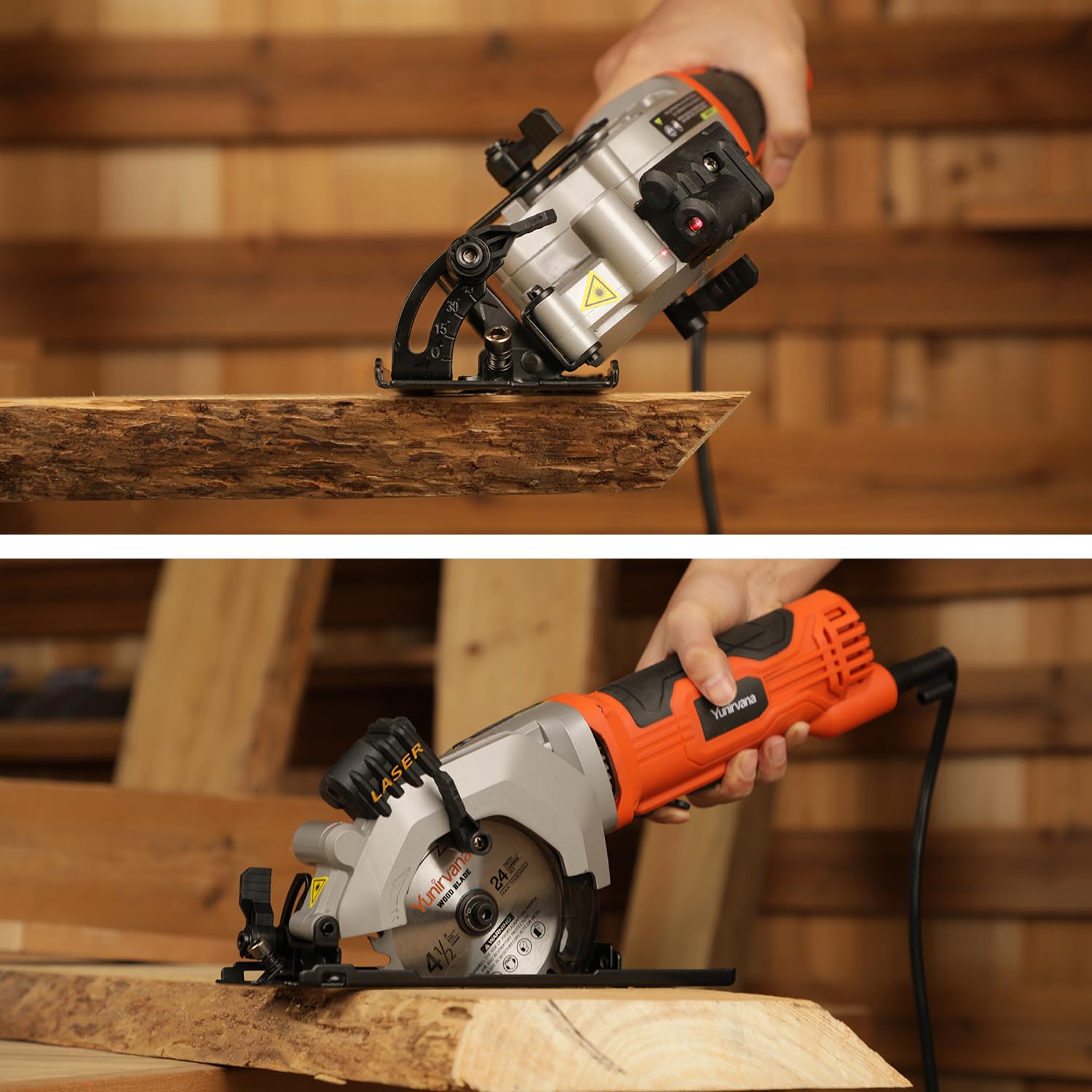 Yunirvana 4Amp 3500RPM Mini Circular Saw with Laser Guide, Vacuum Adapter, Blade Wrench and Rip Guide, Max. Cutting Depth1-5/8"(90°), 1-1/10"(45°)Compact Saw with 2 pcs 4-1/2" 24T TCT Blades
