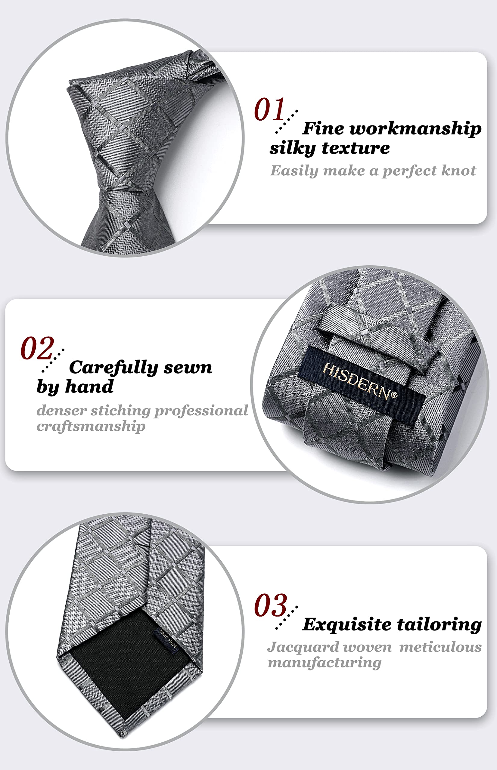 HISDERN Mens Ties for Men Grey Plaid Tie Handkerchief Classic Men's Tie with Pocket Square Set Formal Necktie Silver Gray Wedding Business Ties Set