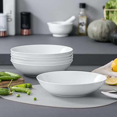 MALACASA Pasta Bowls, 40oz Large White Serving Bowls Porcelain Salad Bowls Set of 6 Soup Bowls for Kitchen Ceramic Wide Shallow Pasta Bowls Pasta Plates Microwave and Dishwasher Safe