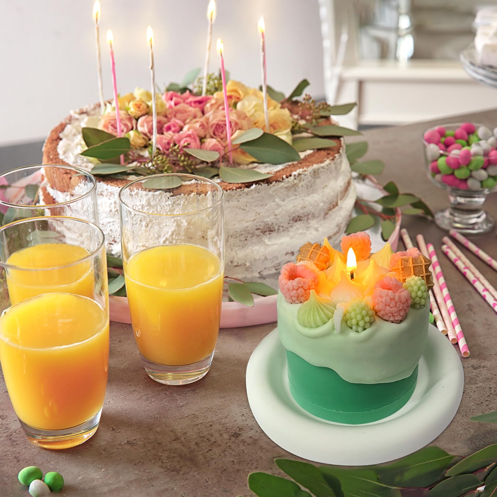 Realistic Birthday Cake Shaped Scented Candles with Raspberries Cookies and Green Cream, Novelty Birthday Gift for Friend and Bestie