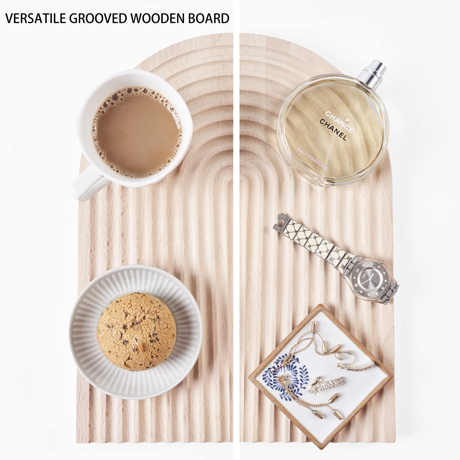 MALLYU Decorative Wooden Serving Tray Cutting Board Arch Shape Grooved Multi-functional Platter Fashion for Charcuterie Home Kitchen Shelf Decor Beading Jewelry Making Organizer DIY Plate Wedding Gift